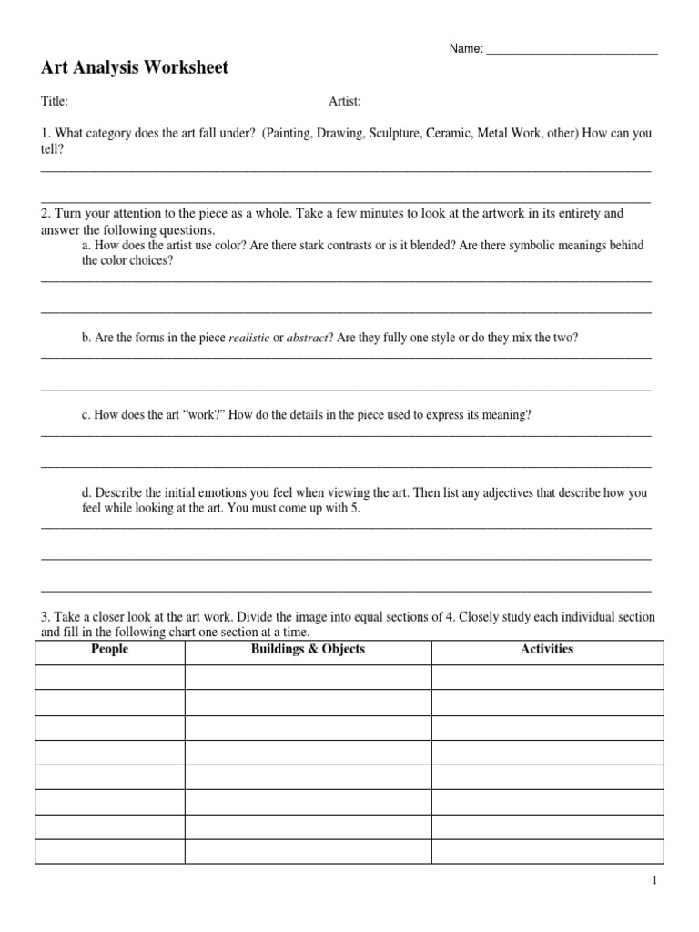 Art Analysis Worksheet: People Buildings & Objects Activities | PDF ...