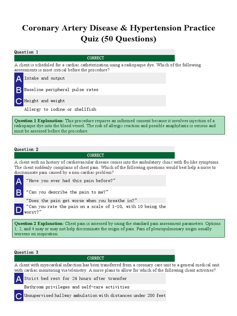 Coronary Artery Disease & Hypertension Practice Quiz (50 Questions ...