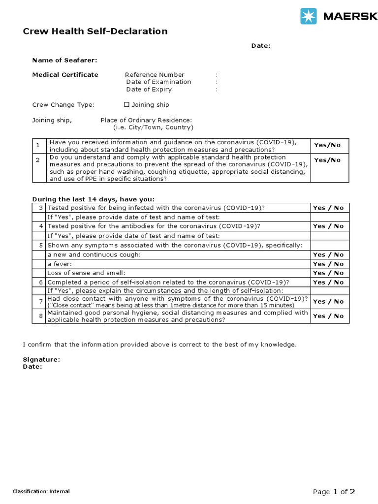 Crew Health Self-Declaration and Daily Temperature Record - Global - Onsigner Version OCT2020 ...