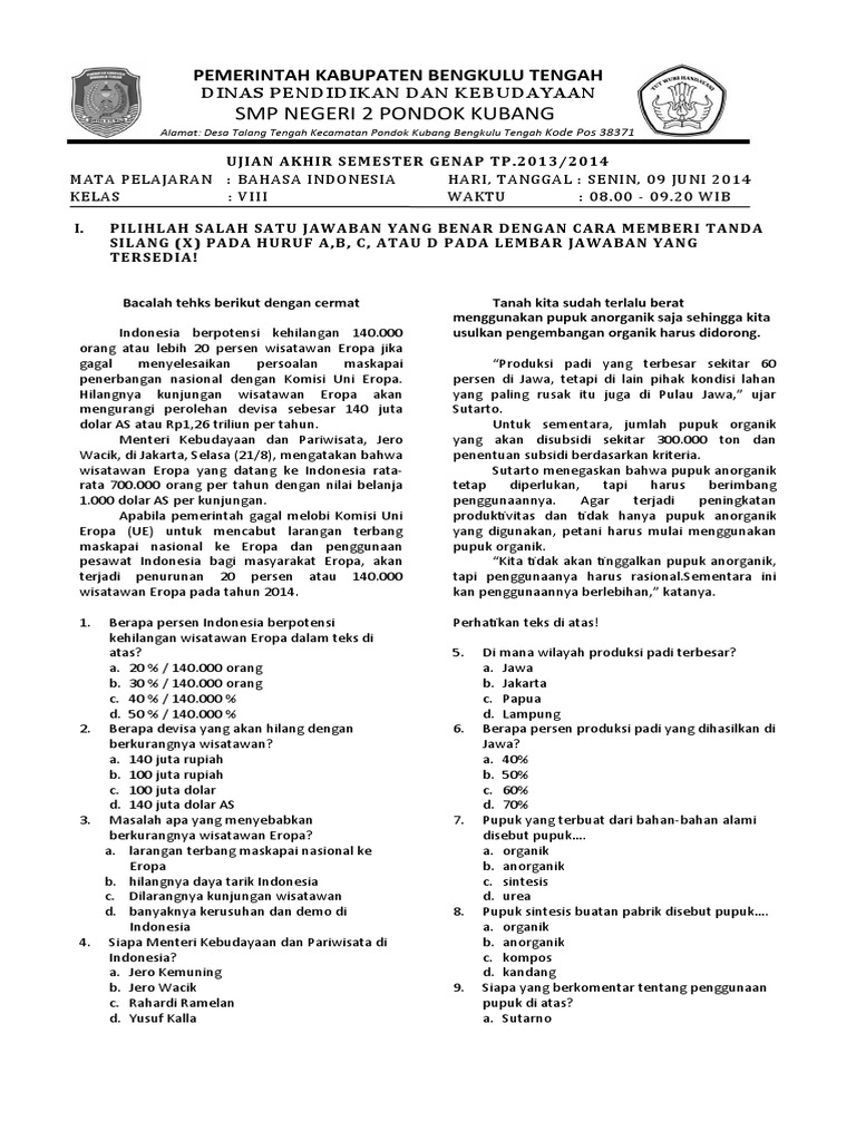 Contoh Soal UAS Bahasa Indonesia | PDF