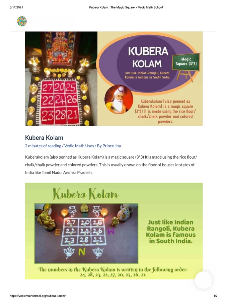 Kubera Kolam The Magic Square Vedic Math School | PDF