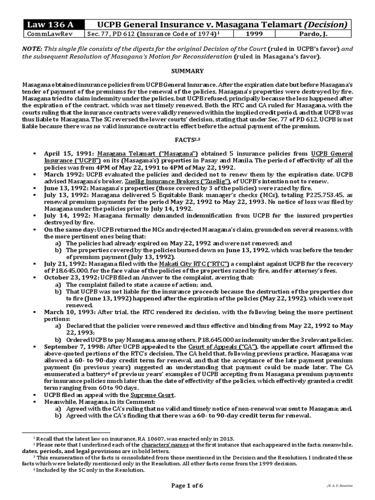 Digests For 'UCPB General Insurance v. Masagana' (1999 and 2001) | PDF ...