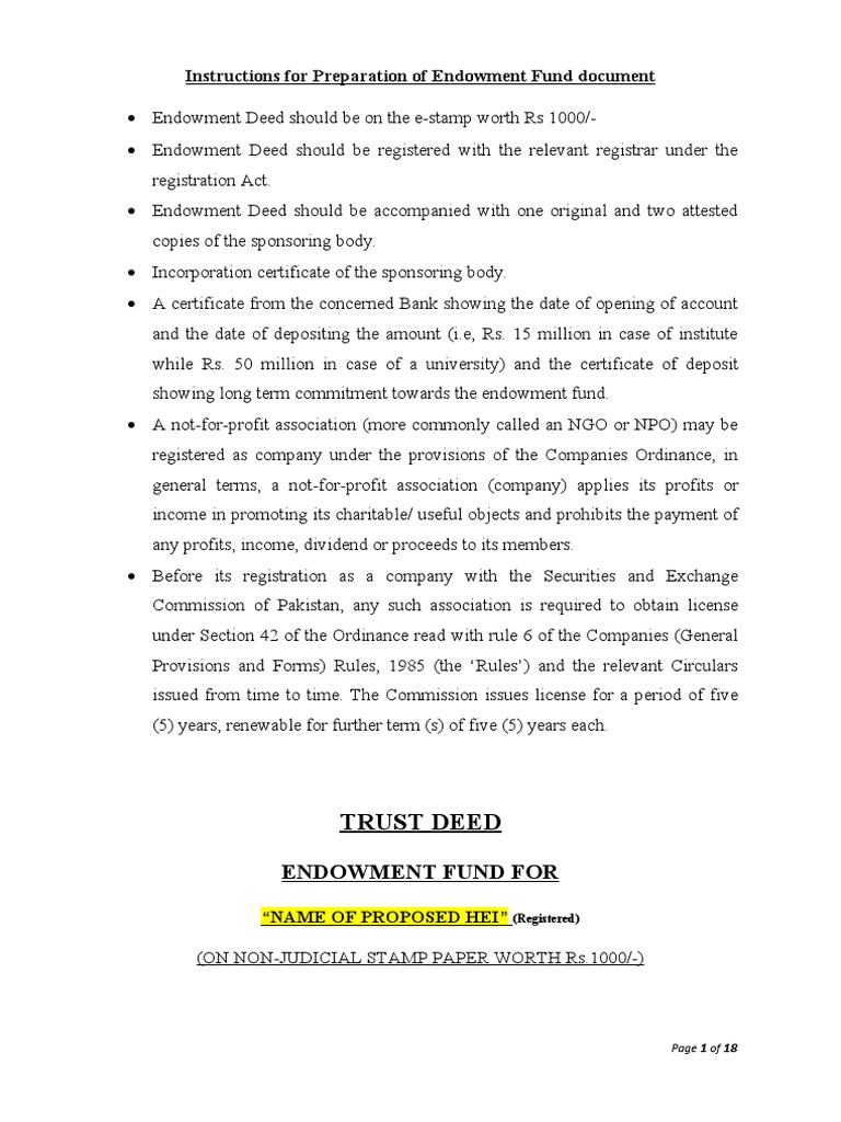 Trust Deed: Instructions For Preparation of Endowment Fund Document ...