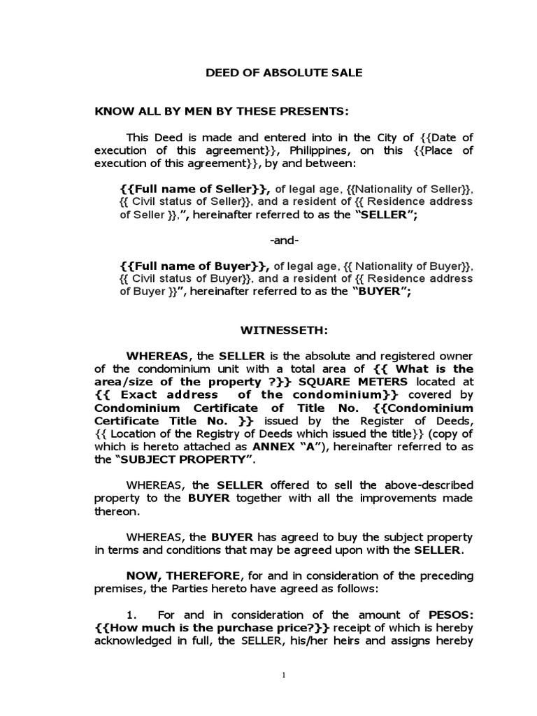 Deed of Absolute Sale Condominium Unit | PDF | Deed | Sales