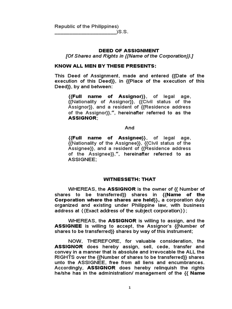 Deed of Assignment of Shares | PDF | Assignment (Law) | Real Property Law