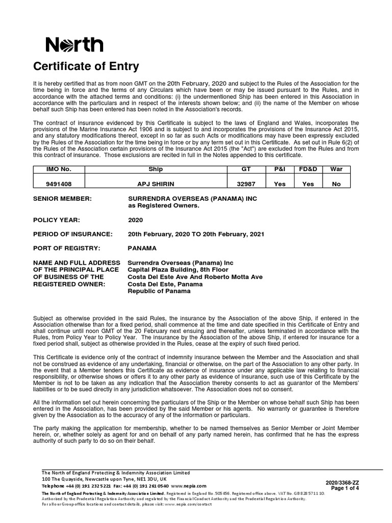 Apj Shirin Certificate of Entry (P&I) Document | PDF | Breach Of ...
