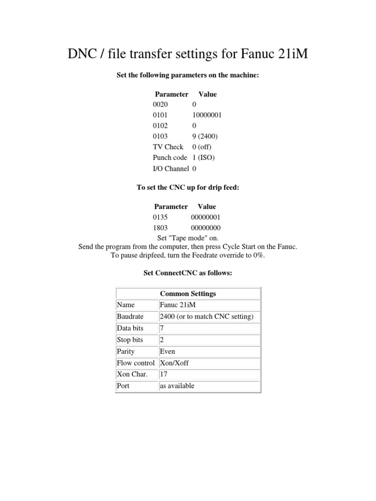 DNC / File Transfer Settings For Fanuc 21im: Set The Following Parameters On The Machine ...