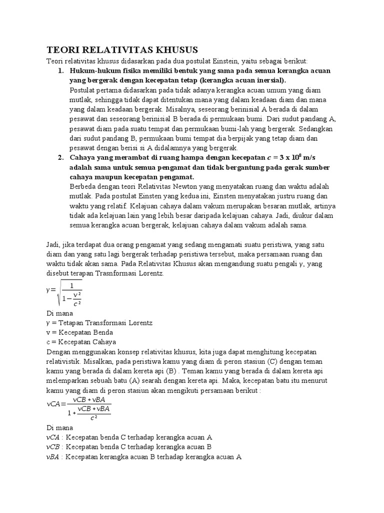Ringkasan Teori Relativitas Khusus | PDF