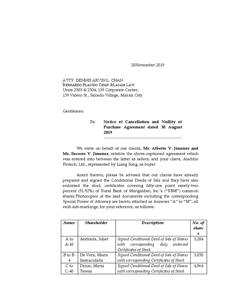 Cancellation of Purchase Agreement Notice | PDF | Common Law | Private Law
