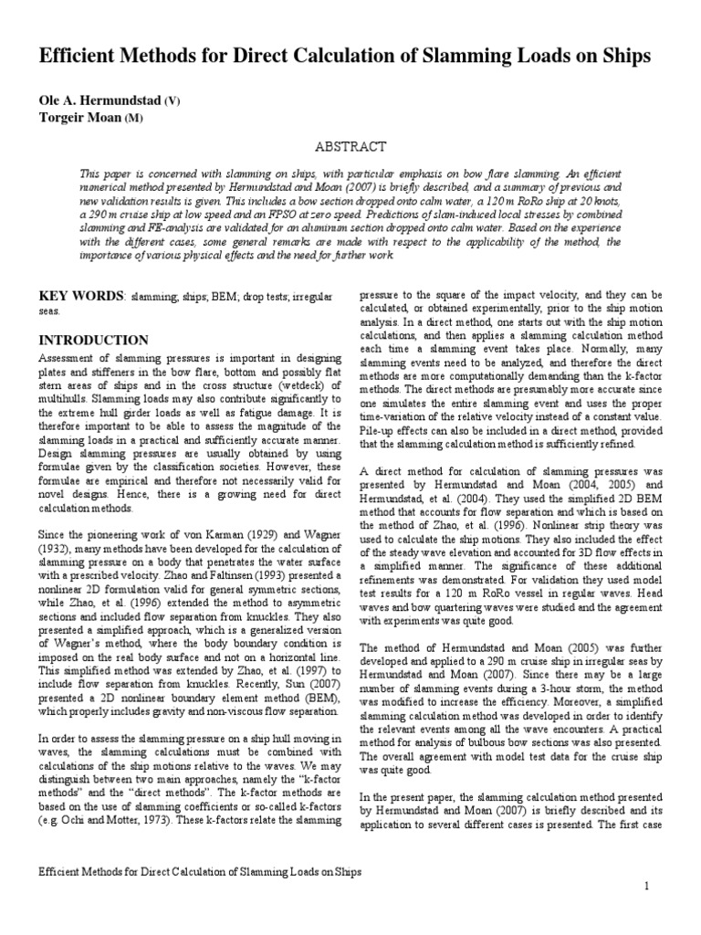Efficient Methods For Direct Calculation of Slamming Loads On Ships ...