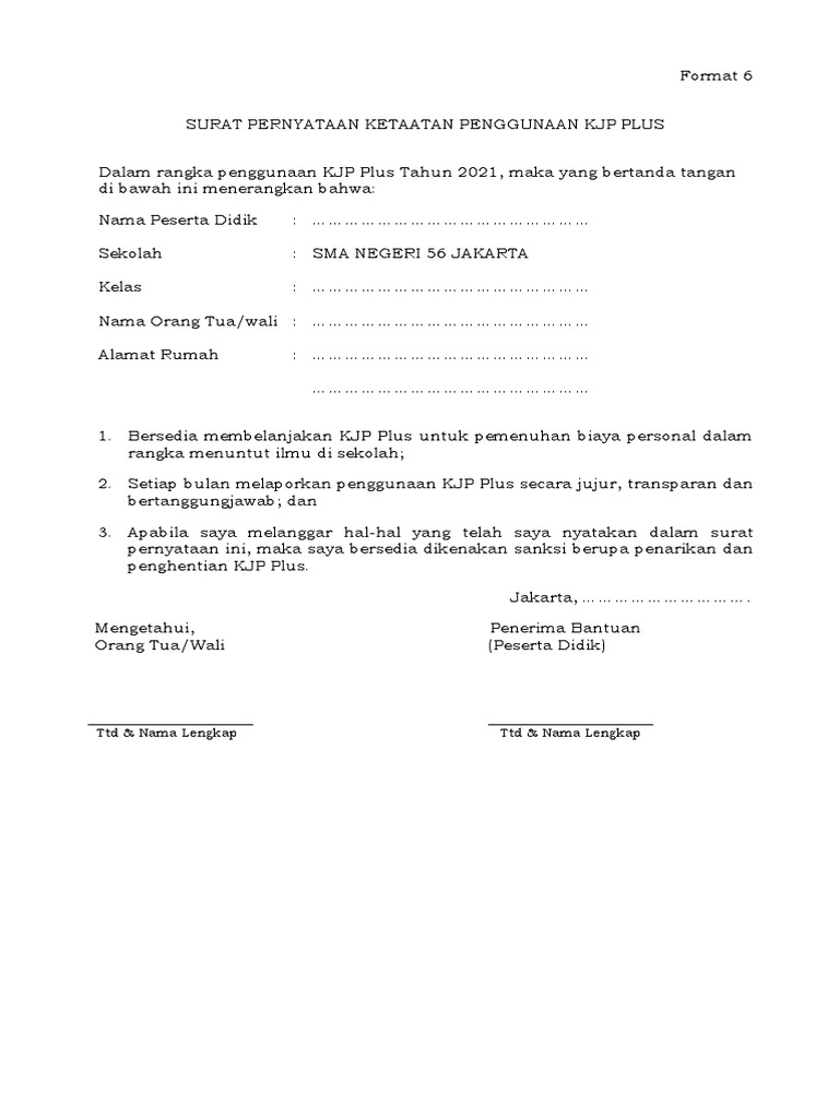Surat Pernyataan Ketaatan Penggunaan KJP PLUS | PDF