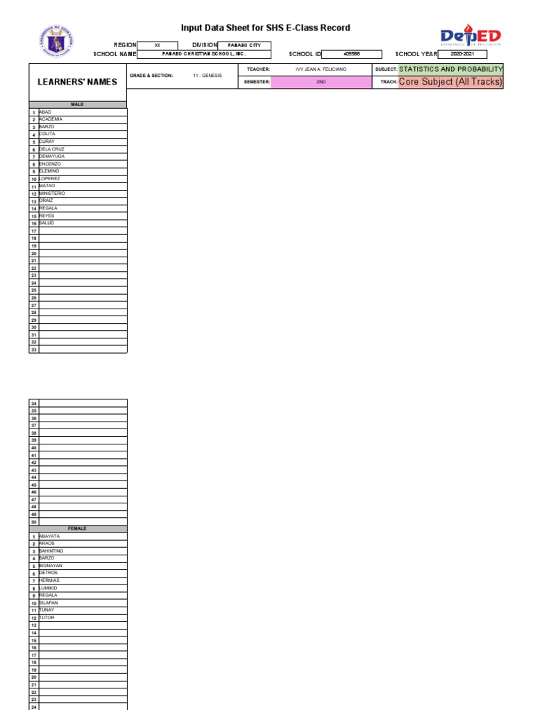 Input Data Sheet For SHS E-Class Record: Learners' Names | Download ...