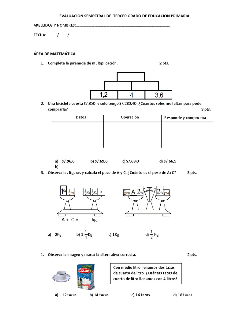 EVALUACION SEMESTRAL DE TERCER GRADO DE EDUCACIÓN PRIMARIA | PDF ...