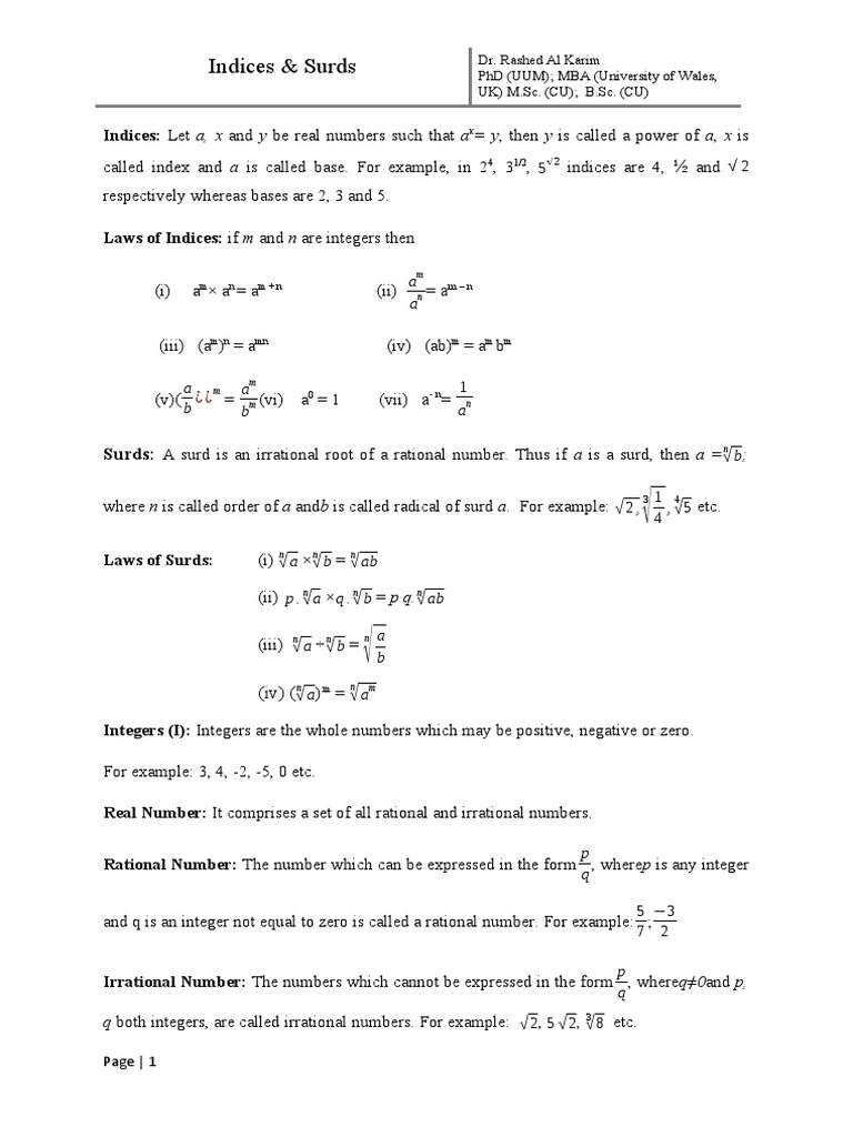 Indices & Surds | PDF | Rational Number | Numbers