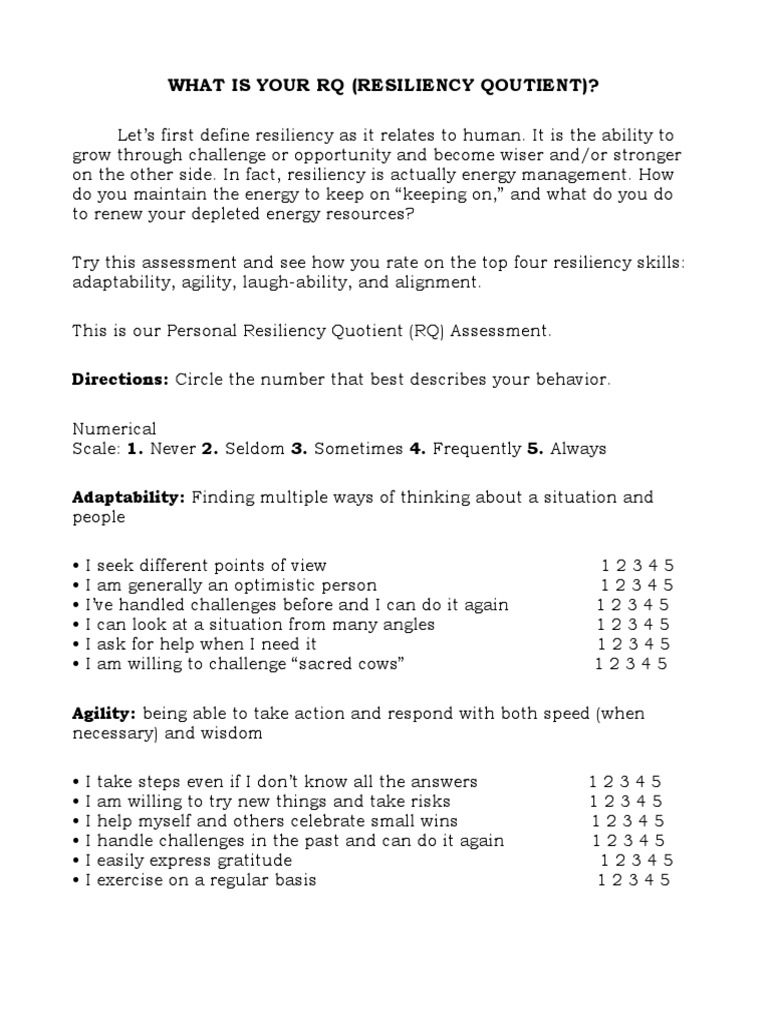 Personal Resiliency Quotient Assessment | PDF | Psychological ...