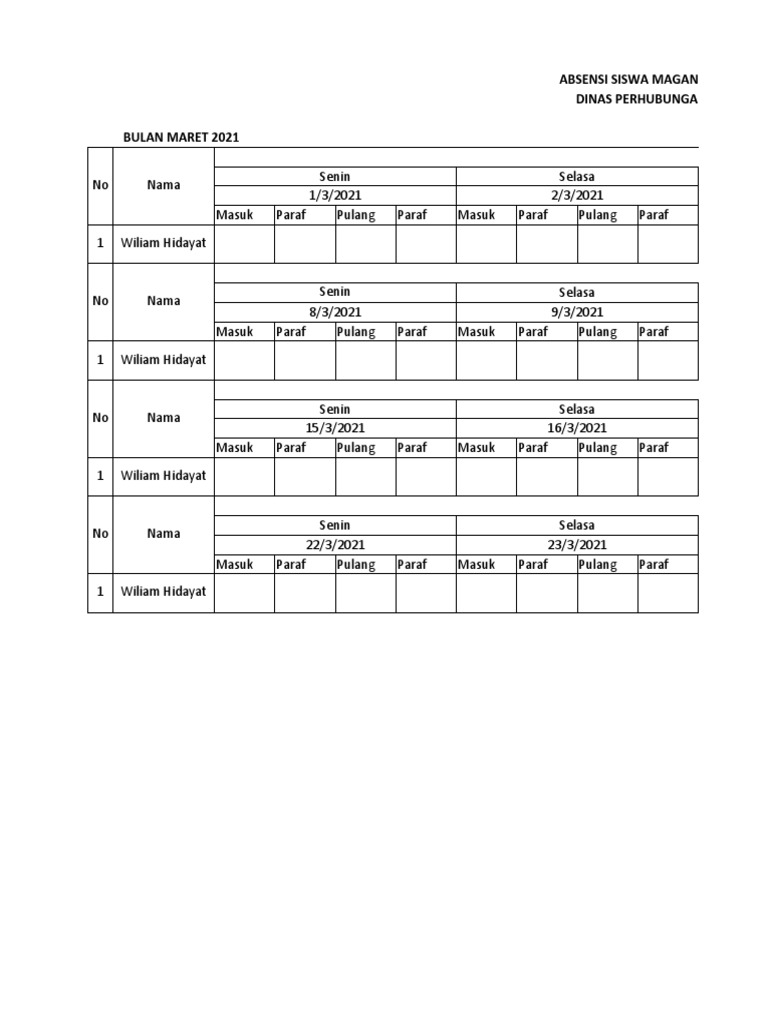 Absensi Siswa Magang SMK Al Haudl Maret 2021 | PDF