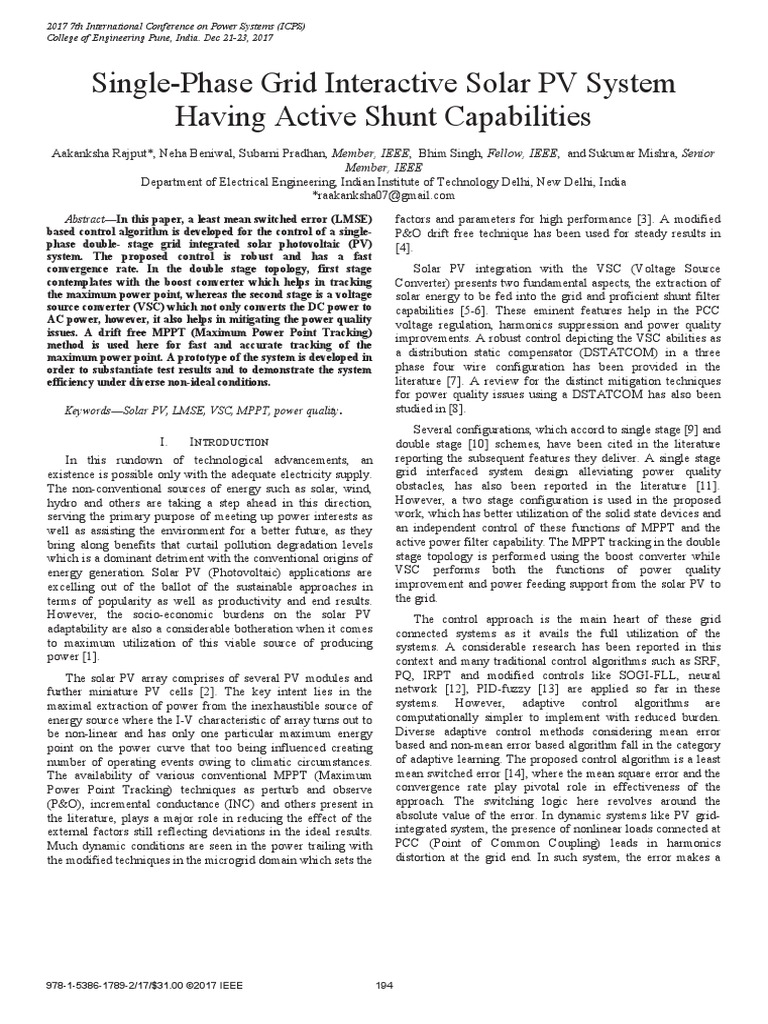 Single Phase Grid Interactive Solar PV System Having Active Shunt ...