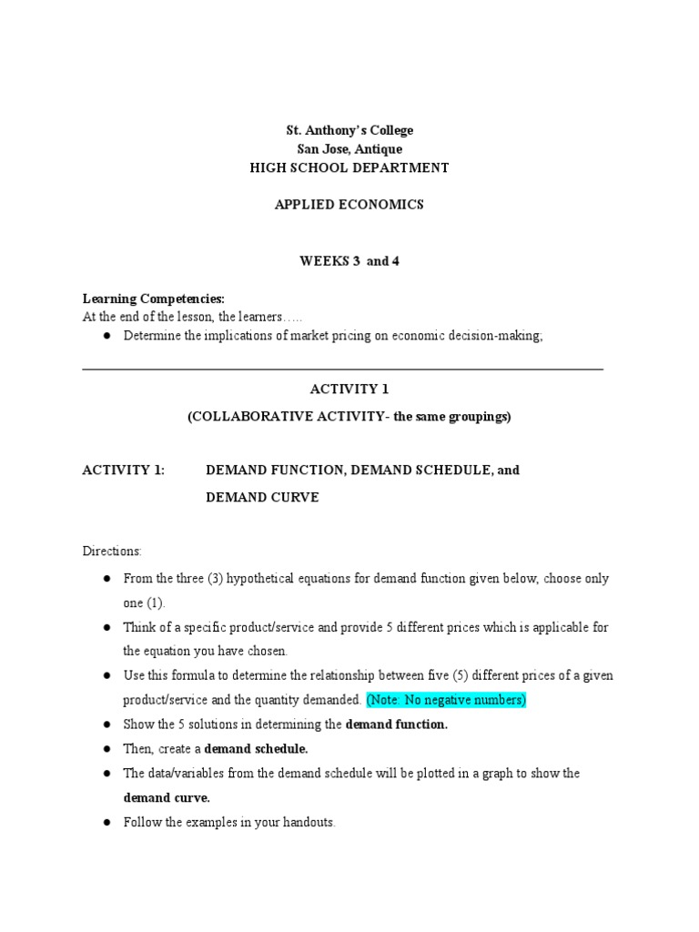 ACTIVITY 1 Demand Function | PDF | Demand | Demand Curve