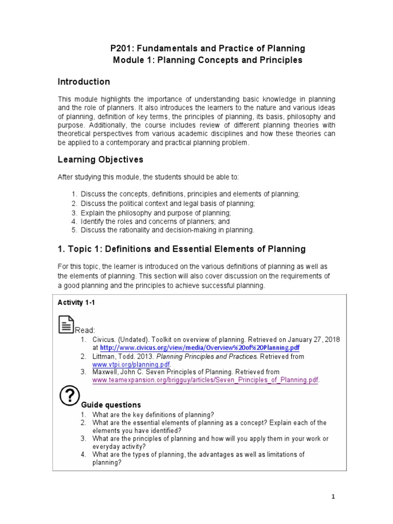 P201: Fundamentals and Practice of Planning Module 1: Planning Concepts ...
