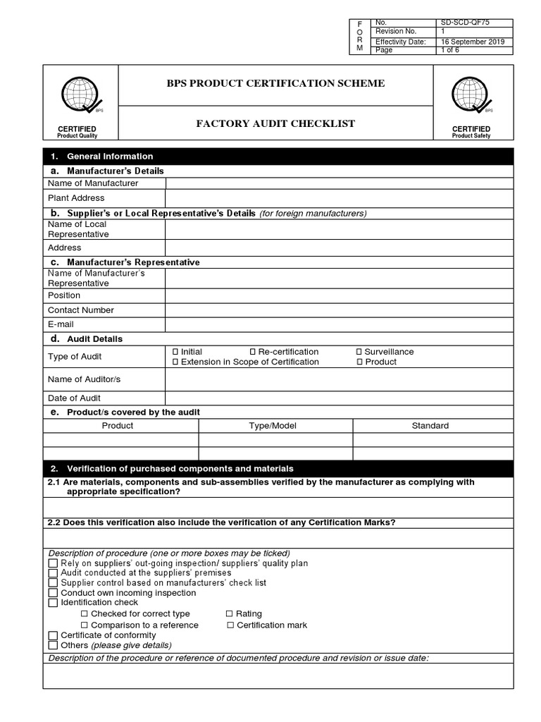 SD-SCD-QF75 - Factory Audit Checklist - Rev.1 - 16 Sept.2019 | PDF ...
