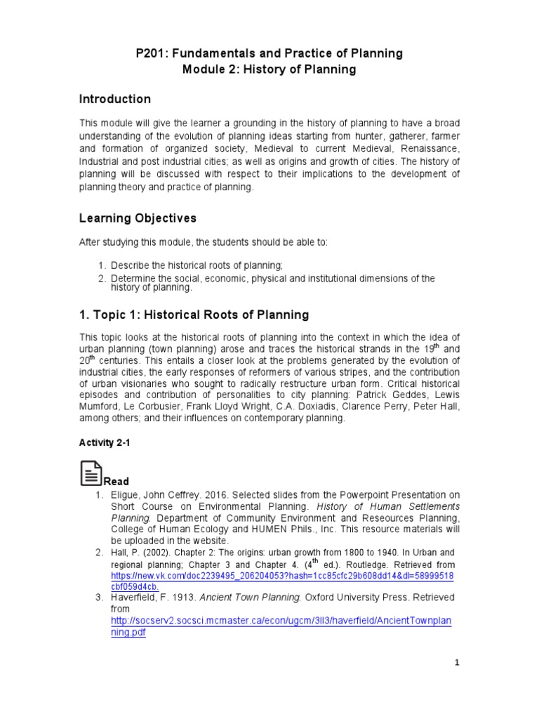P201 - Unit 1 - Module 2 History of Planning | PDF | Urban Planning ...