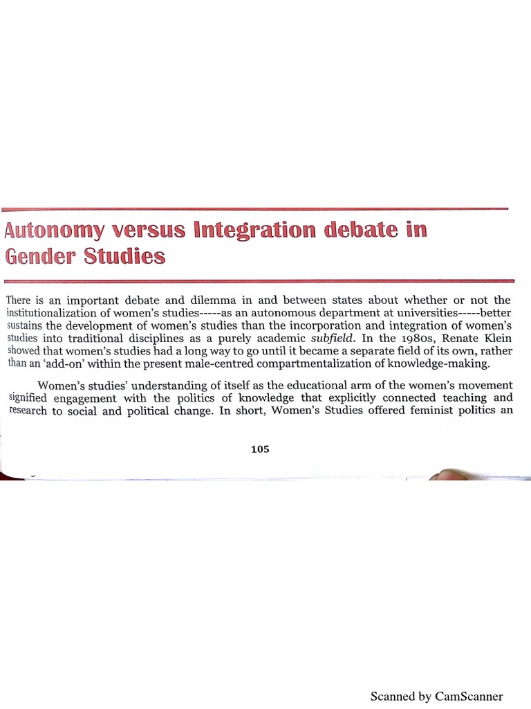 Autonomy Vs Integration Debate in Gender Studies | PDF