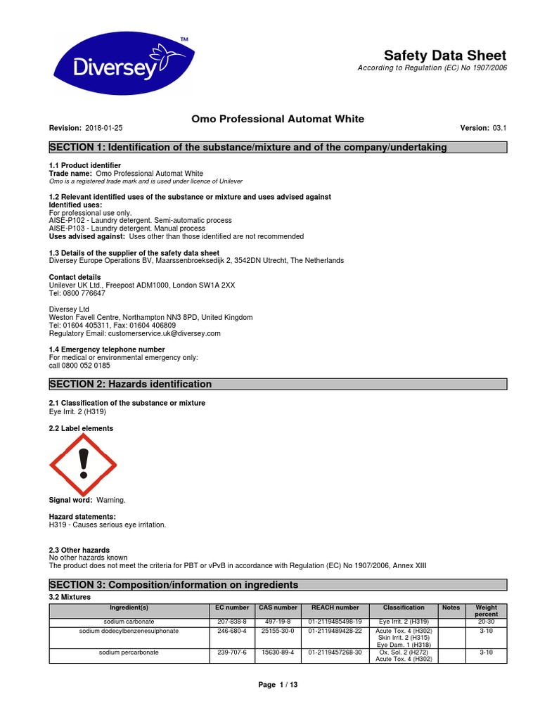 omo-professional-msds - Nc giặt Omo Matic | PDF | Toxicity | Personal ...