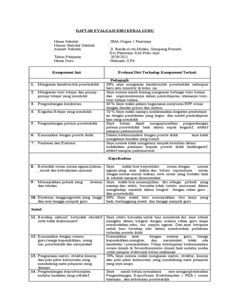 Daftar Evaluasi Diri Kerja Guru | PDF | Karier & Perkembangan | Pengembangan Diri