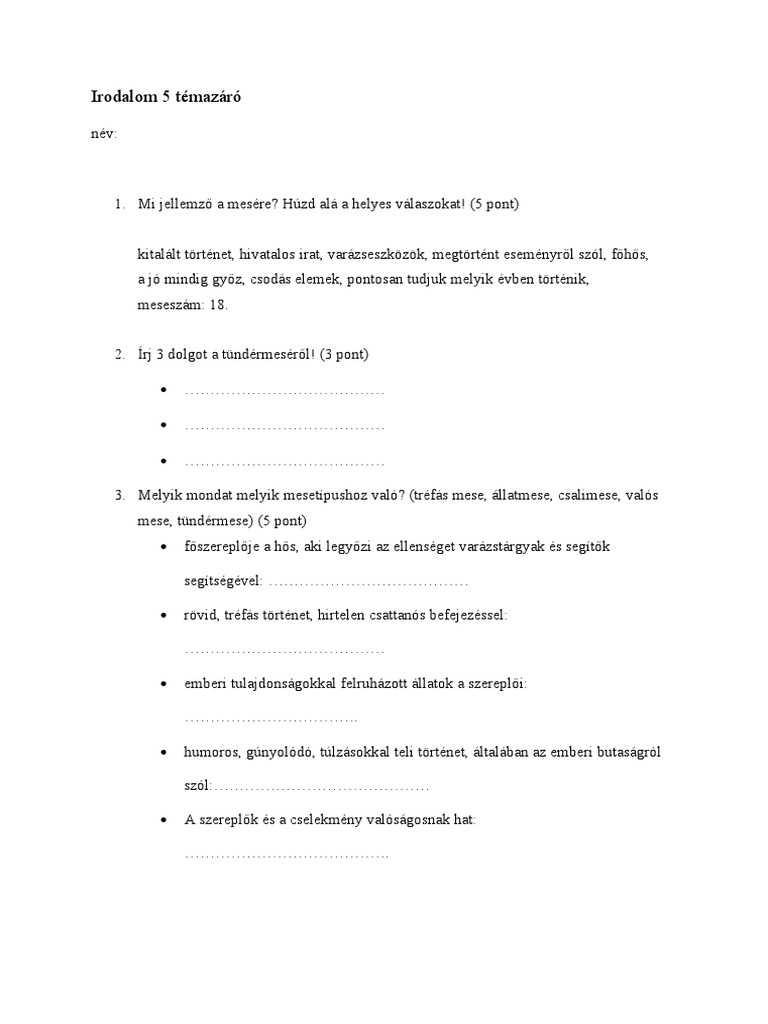Irodalom 5 Témazáró | PDF