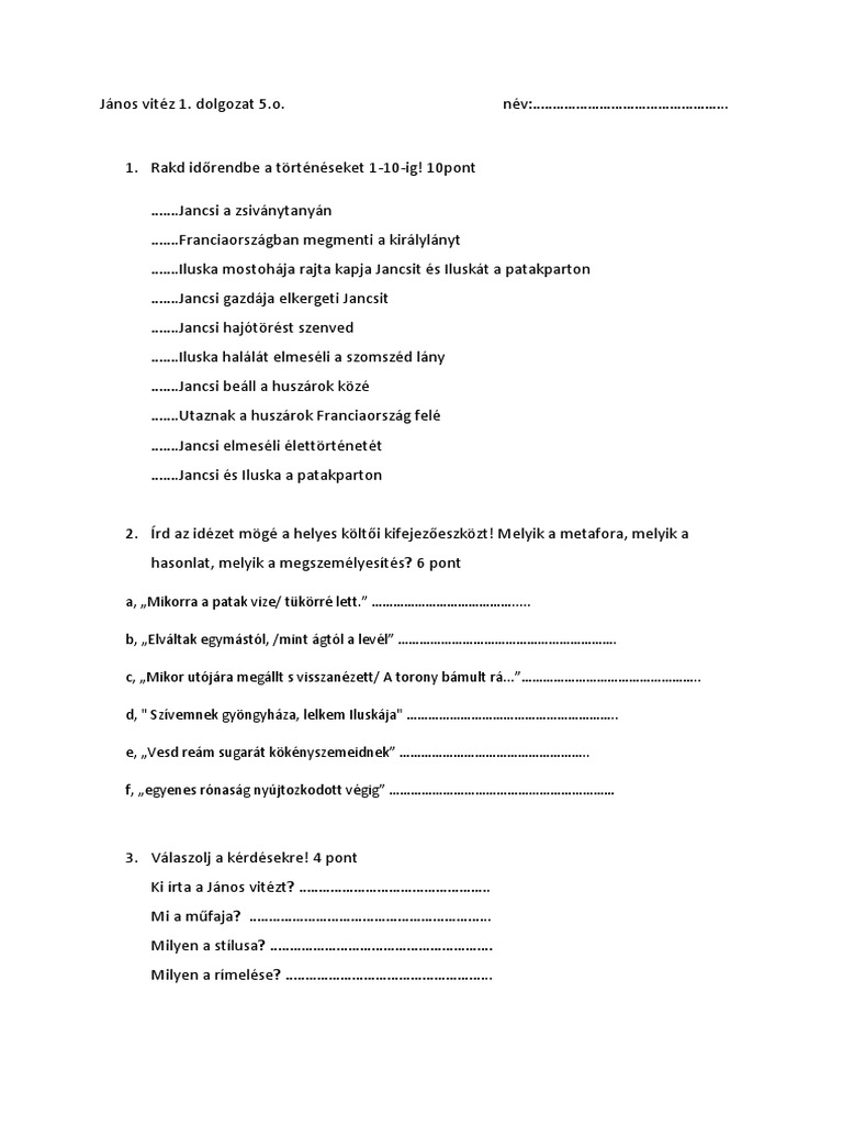 János Vitéz 1 Dolgozat 5 | PDF