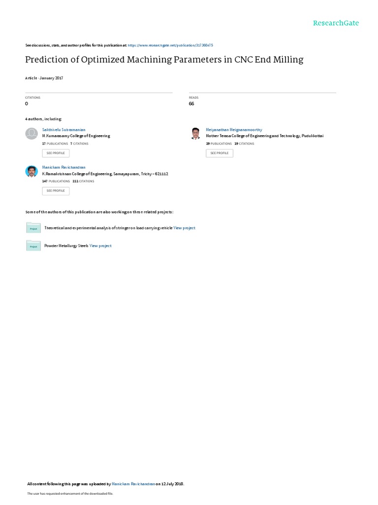 Prediction of Optimized Machining Parameters in CNC End Milling | PDF | Machining | Metalworking