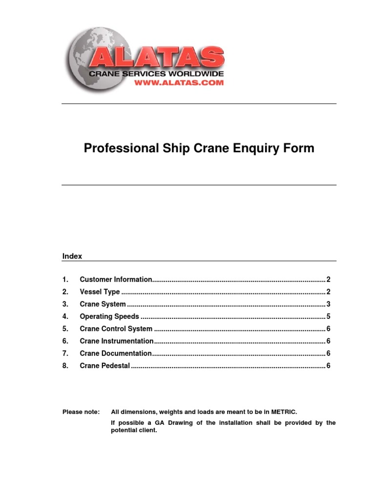 ALATAS Ship Crane Enquiry Form | PDF | Crane (Machine) | Ships