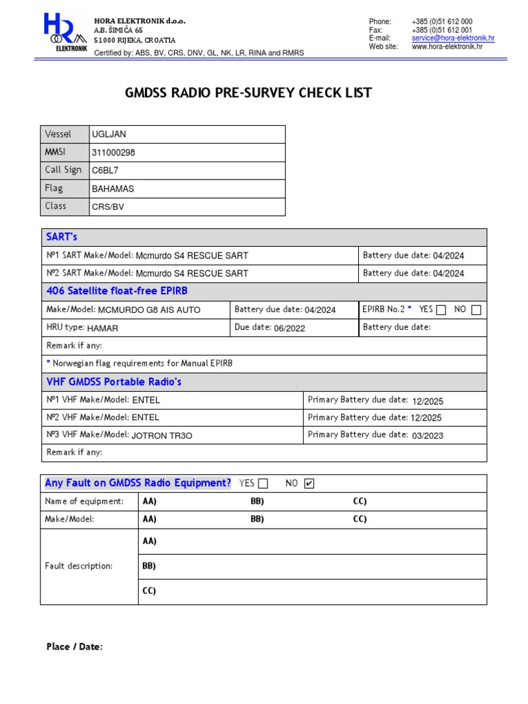 GMDSS Radio Pre-Survey Checklist for Vessel UGLJAN | PDF