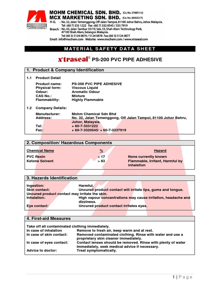 MSDS - PS-200 PVC Pipe Adhesive | PDF | Water | Physical Sciences