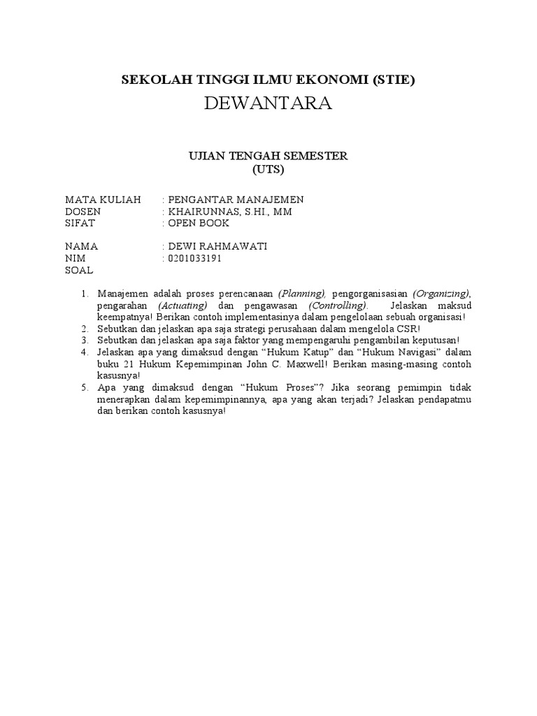 Soal Uts Pengantar Manajemen | PDF