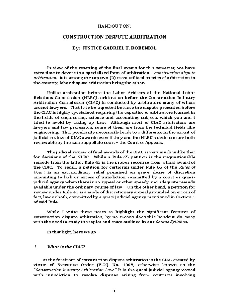 Construction Dispute Arbitration: By: Justice Gabriel T. Robeniol | PDF ...