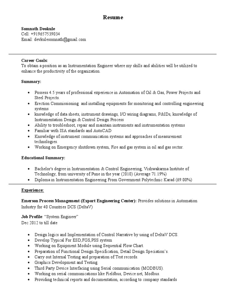 Instrumentation Engineer Resume | PDF | Instrumentation | Programmable Logic Controller