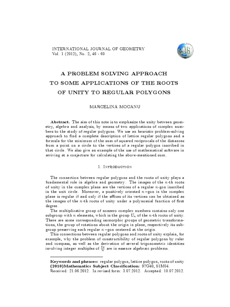 A Problem Solving Approach To Some Applications of The Roots of Unity ...