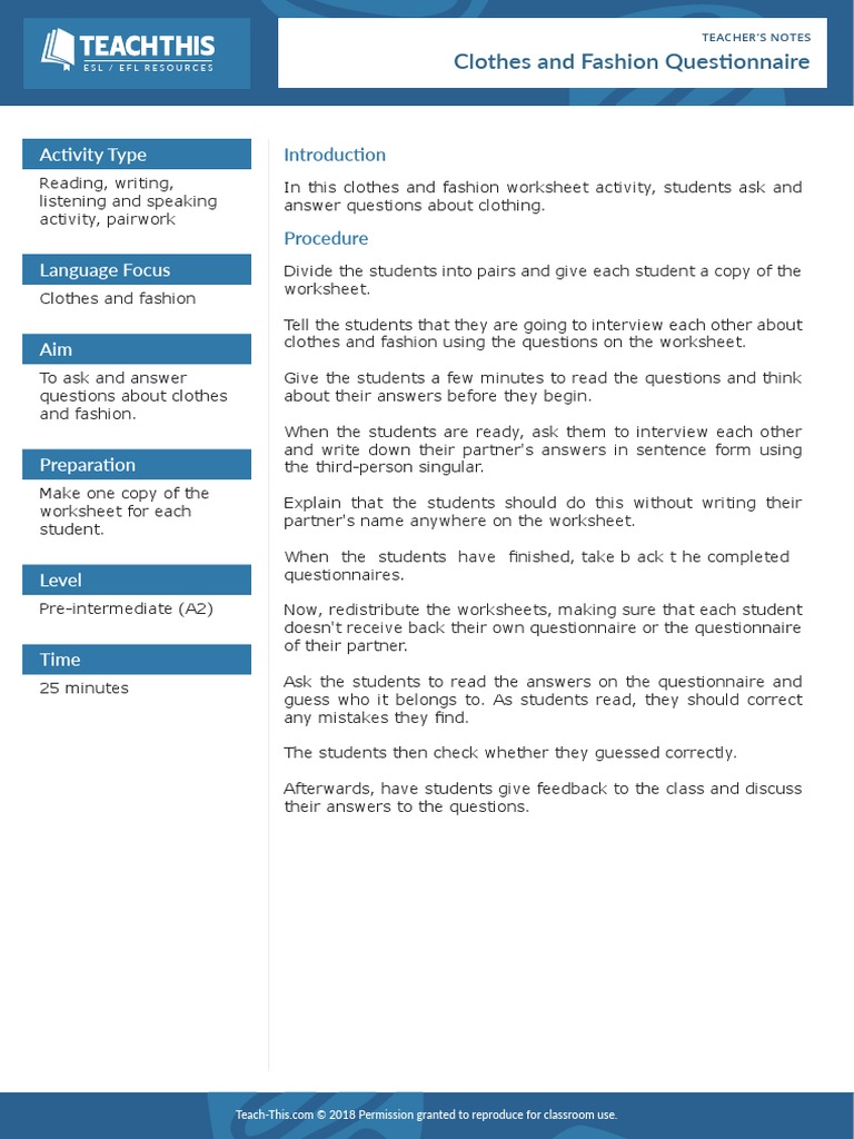 Clothes and Fashion Questionnaire | PDF | English As A Second Or ...