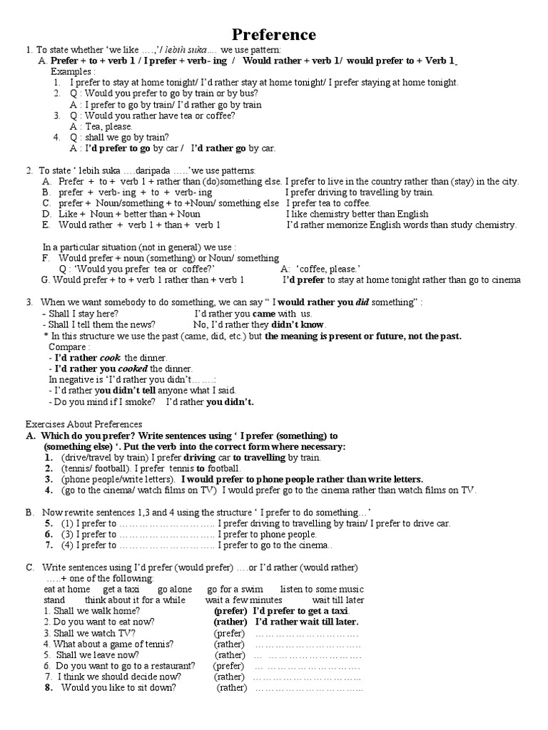 Exercises on Expressing Preferences | PDF | Verb | Syntax