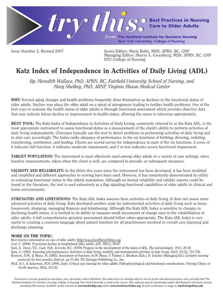 ADL - Katz Index of Independence in Activities of Daily Living | PDF ...