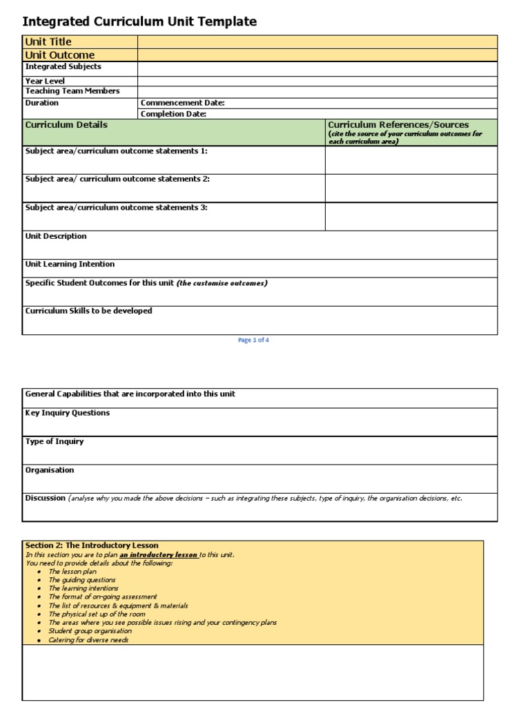 Integrated Curriculum Unit Template: Unit Title Unit Outcome | Download ...
