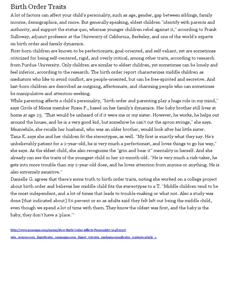 Birth Order Traits | PDF | Sibling | Family