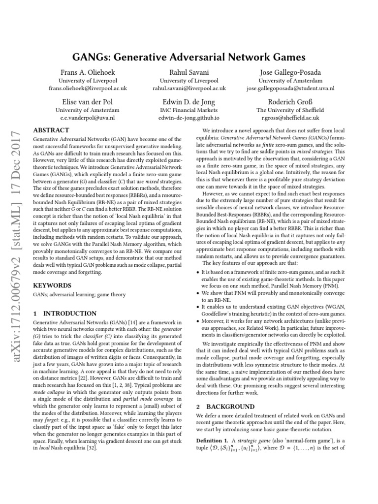 Gangs: Generative Adversarial Network Games: Frans A. Oliehoek Rahul ...