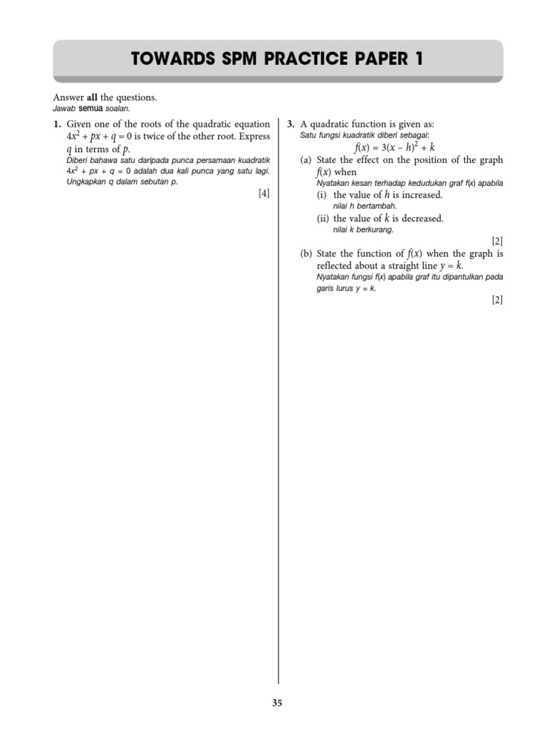 Towards SPM Practice Paper 1: 1. Given One of The Roots of The ...