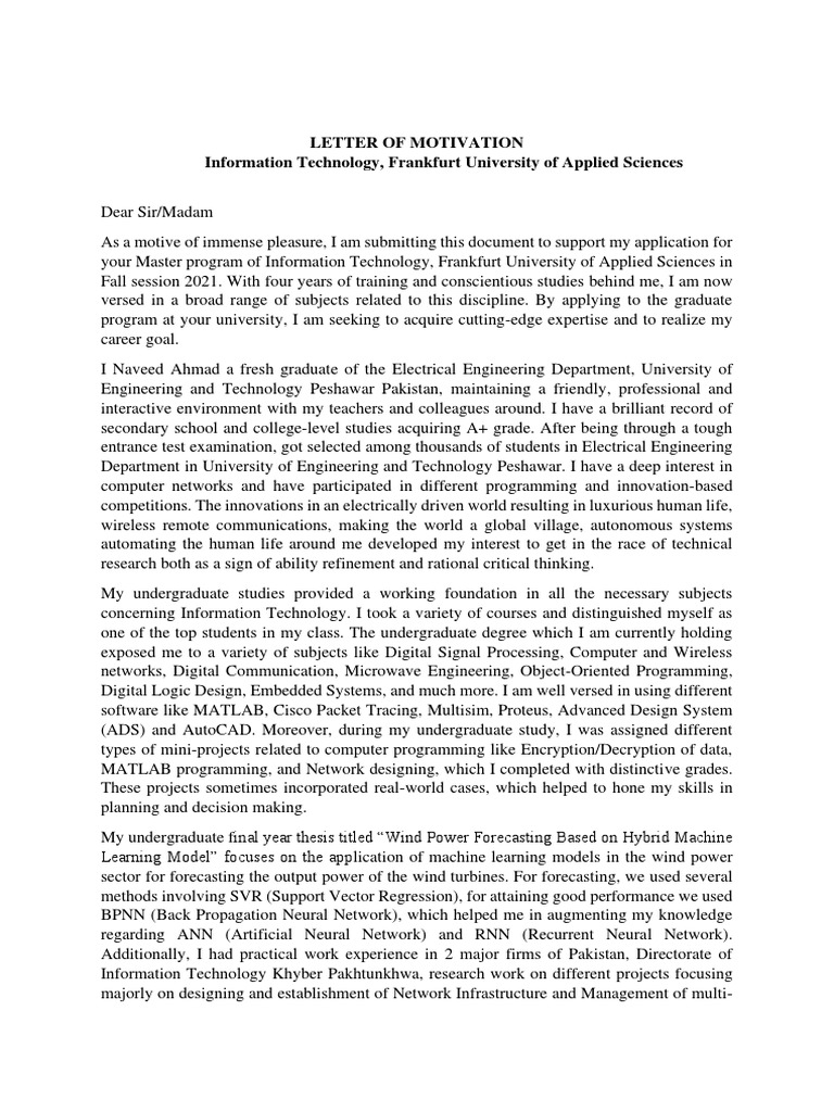 Letter of Motivation - Information Technology - Frankfurt University of ...