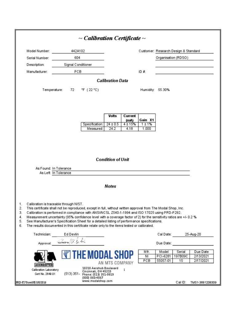 Calibration Certificate for Signal Conditioner Model 442A102 Serial ...