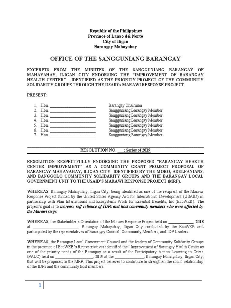 Barangay Resolution (Not Final) Landa | PDF | United States Agency For ...
