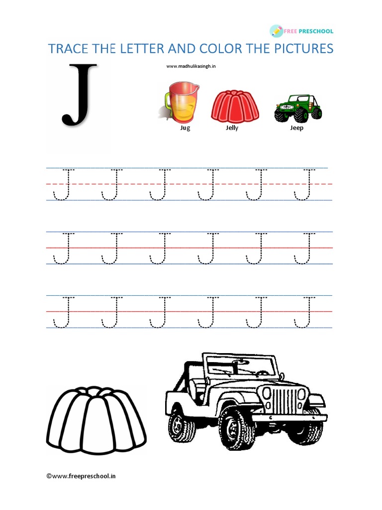 Trace The Letter and Color The Pictures: Jug Jelly Jeep | PDF