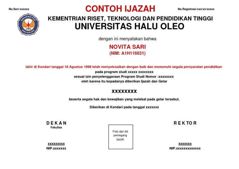 Universitas Halu Oleo: Contoh Ijazah | PDF